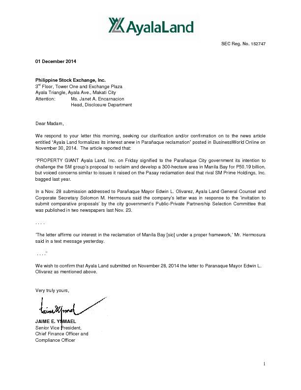 Clarification 11-10-14 Ayala Land formalizes its interest anew in ...